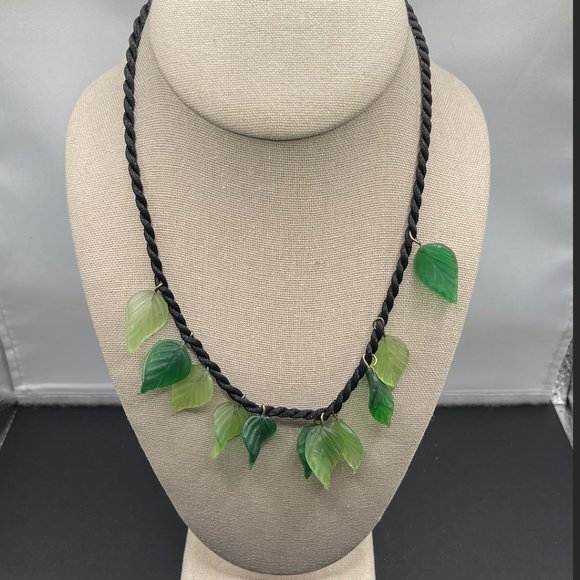 ukn | Jewelry | 29232 Glass Green Leaves On A Black Braided Rope | Poshmark
